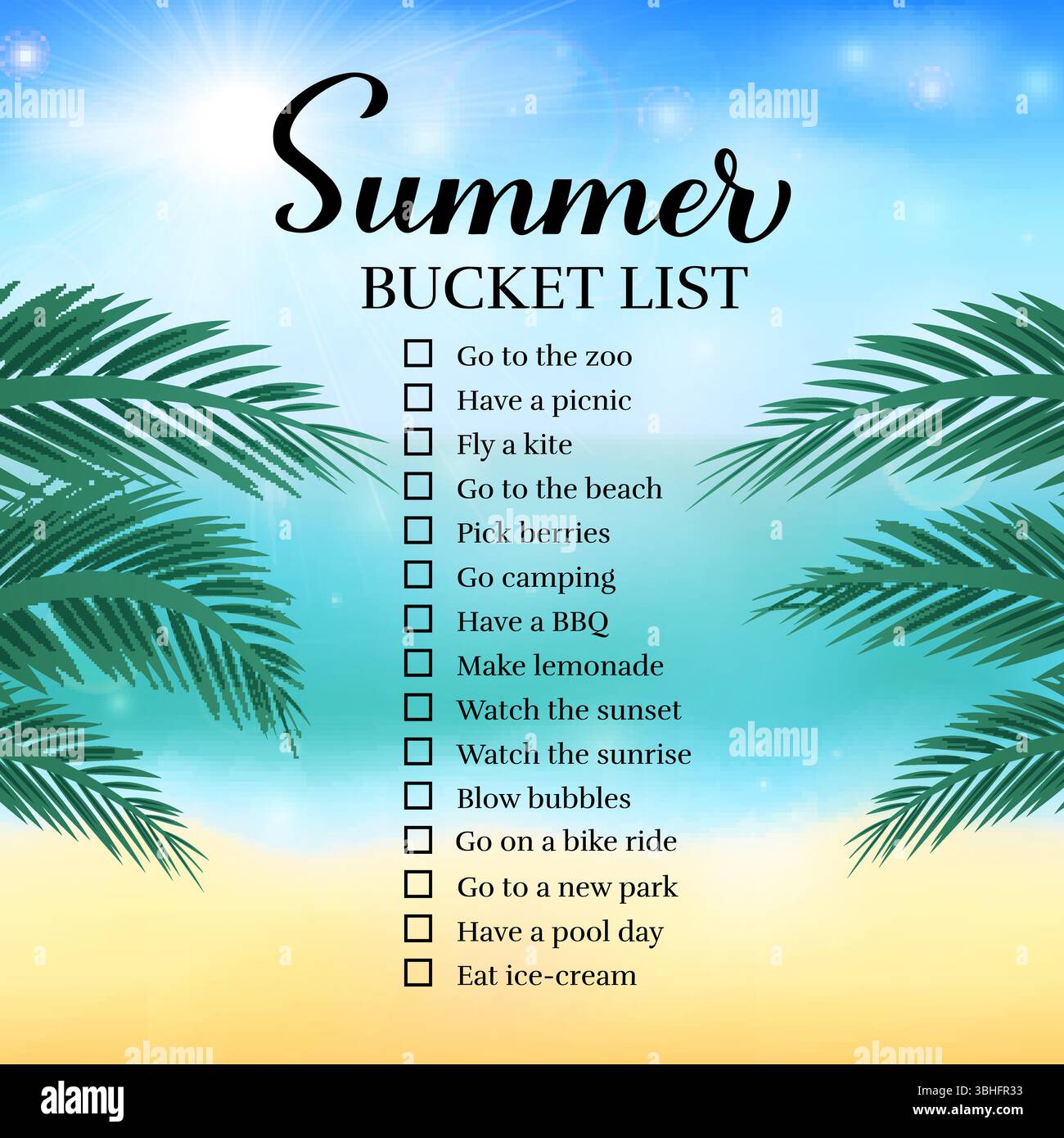 Summer bucket list. Funny things to do checklist. Seasonal activity ...