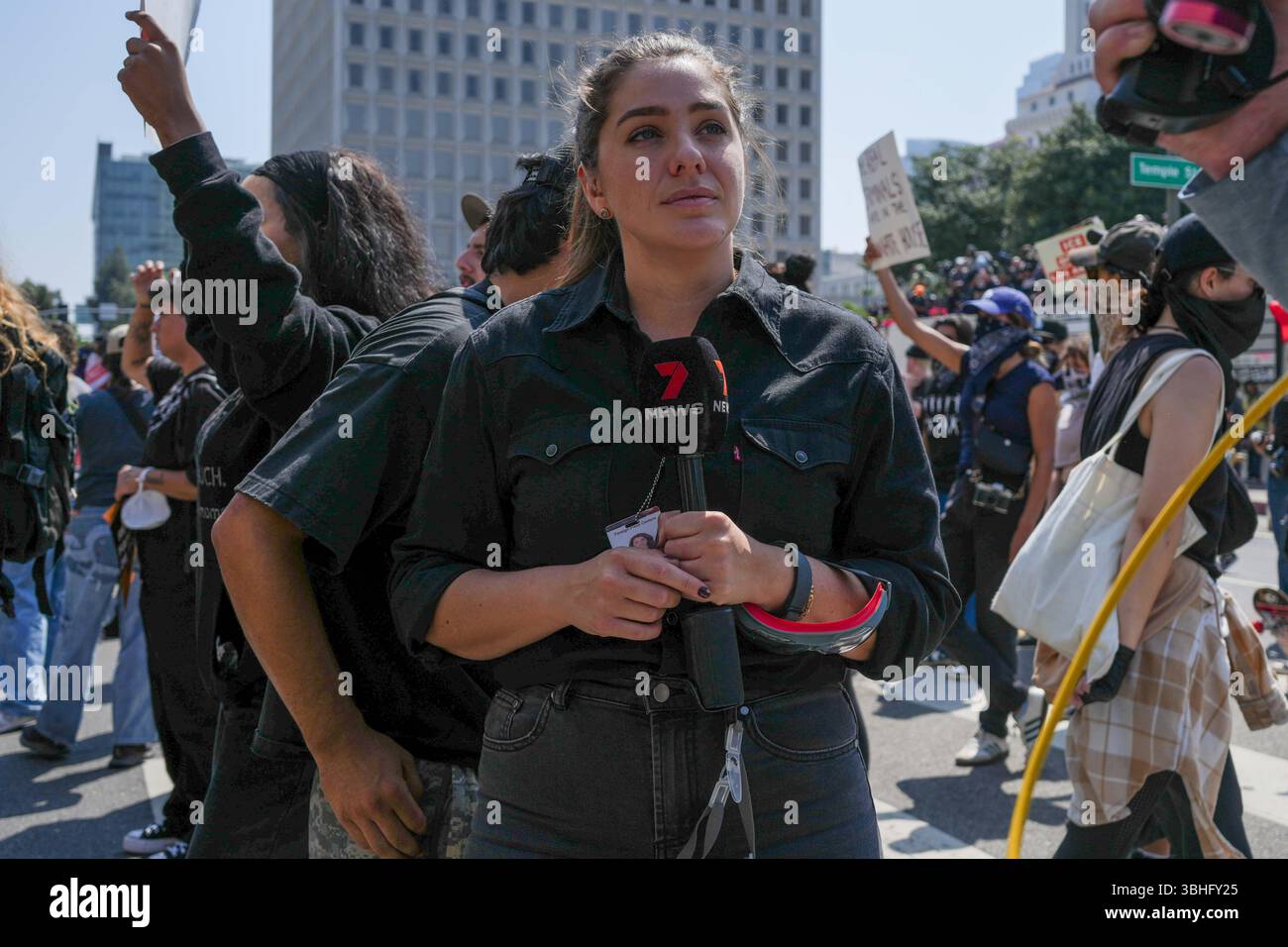 Protestors and California National Guard gather outside the Edward R ...