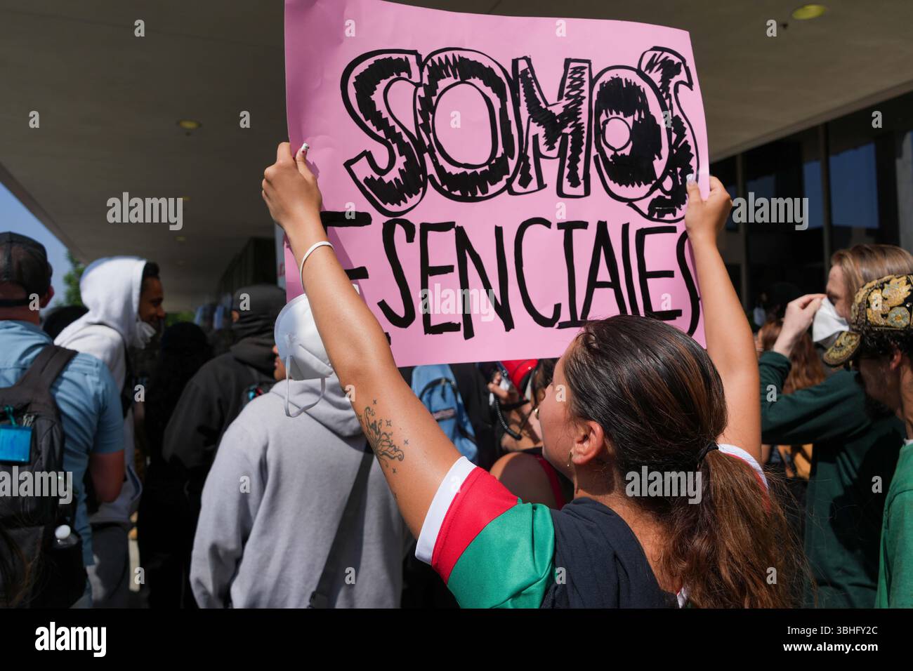 Protestors and California National Guard gather outside the Edward R ...