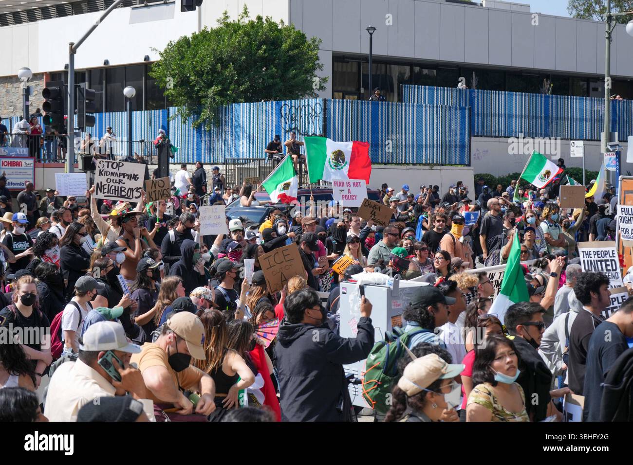 Protestors and California National Guard gather outside the Edward R ...