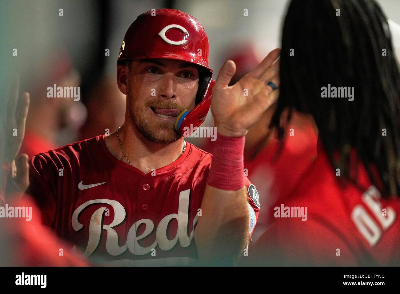 Cincinnati Reds' Tyler Stephenson celebrates in the dugout after ...