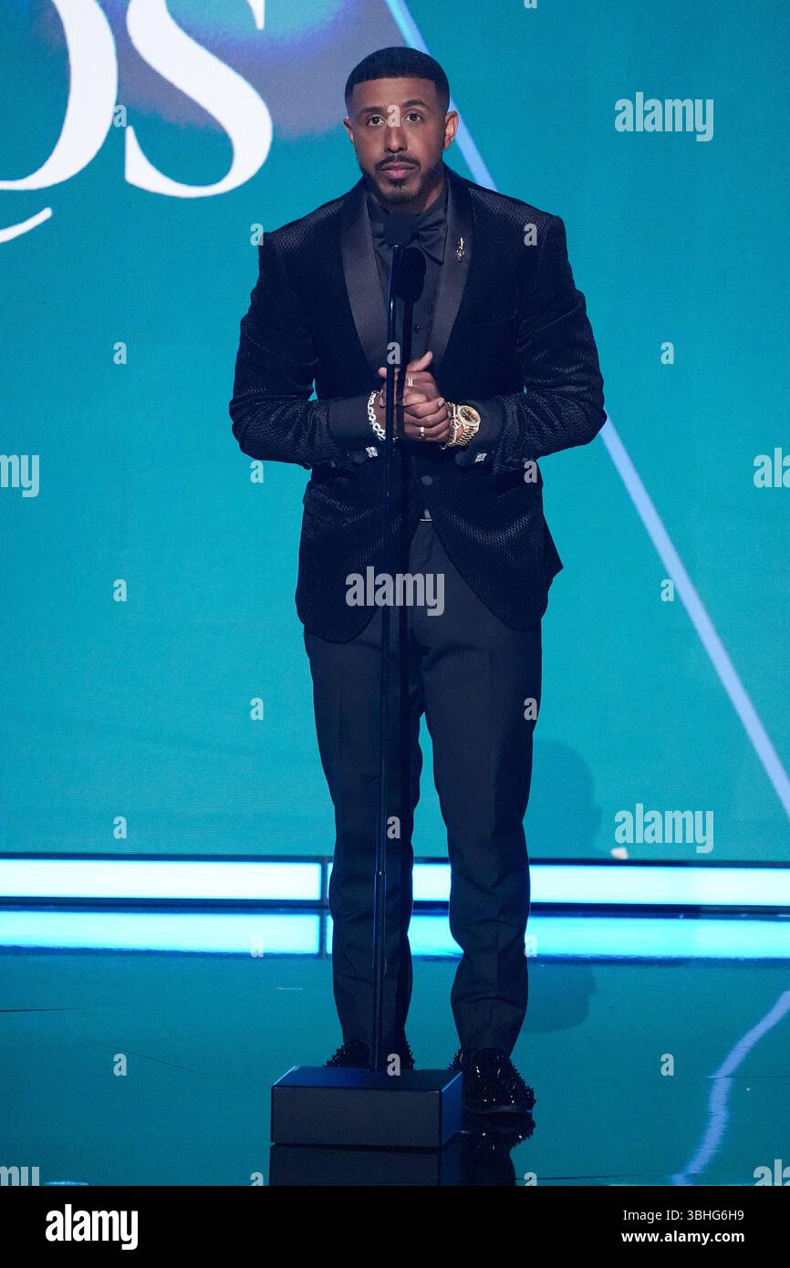Marques Houston speaks during the BET Awards on Monday, June 9, 2025 ...