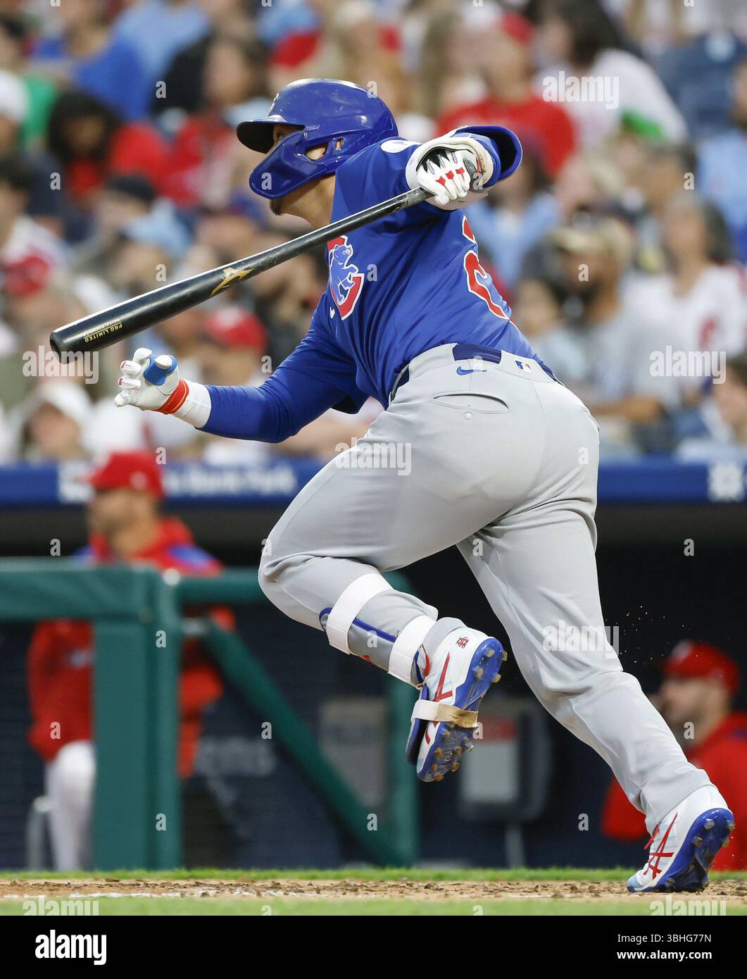 Seiya Suzuki of the Chicago Cubs hits a single in the sixth inning of a ...