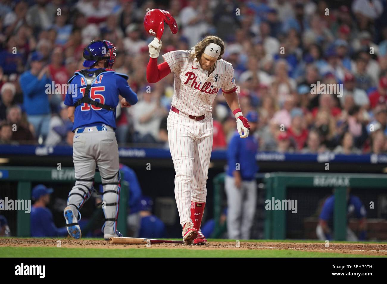 Philadelphia Phillies' Alec Bohm reacts during a baseball game Monday ...
