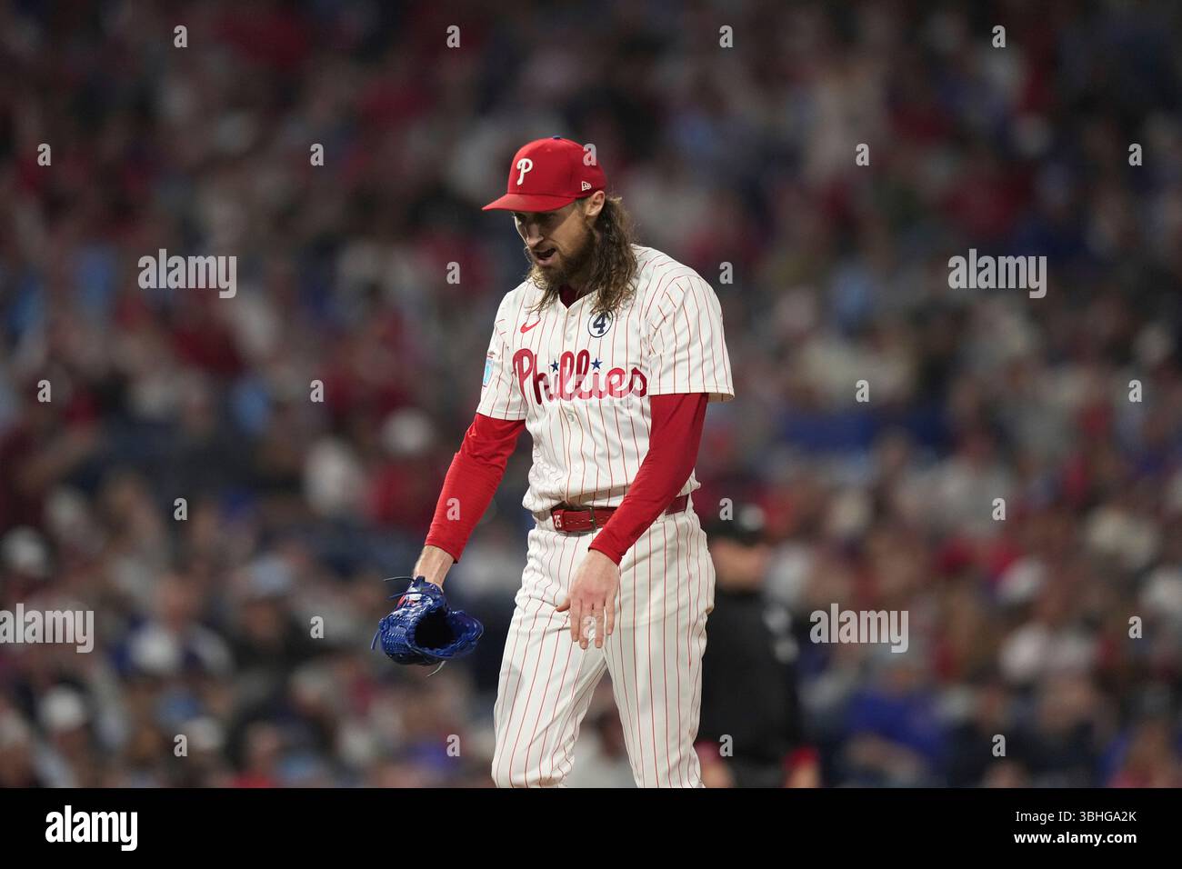 Philadelphia Phillies' Matt Strahm reacts during a baseball game Monday ...