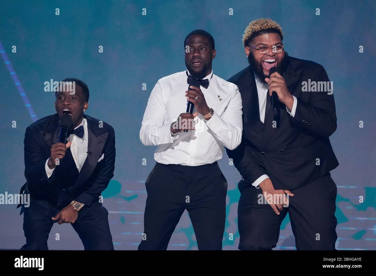 Kai Cenat, from left, Host Kevin Hart and Druski speak during the BET ...