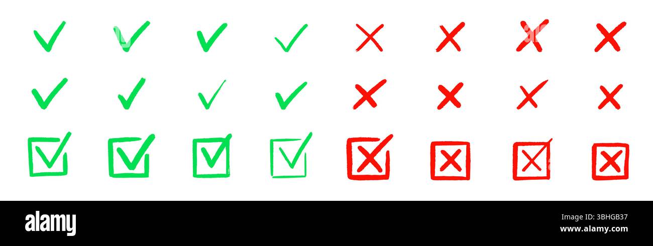 Check tick mark icon set. Cross box x check mark checkbox v list vector draw hand drawn sketch ...