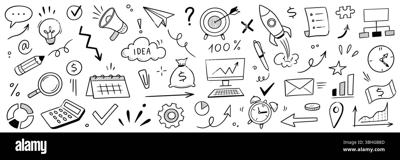 Business money sketch idea icon set. Hand drawn sketch elements for ...