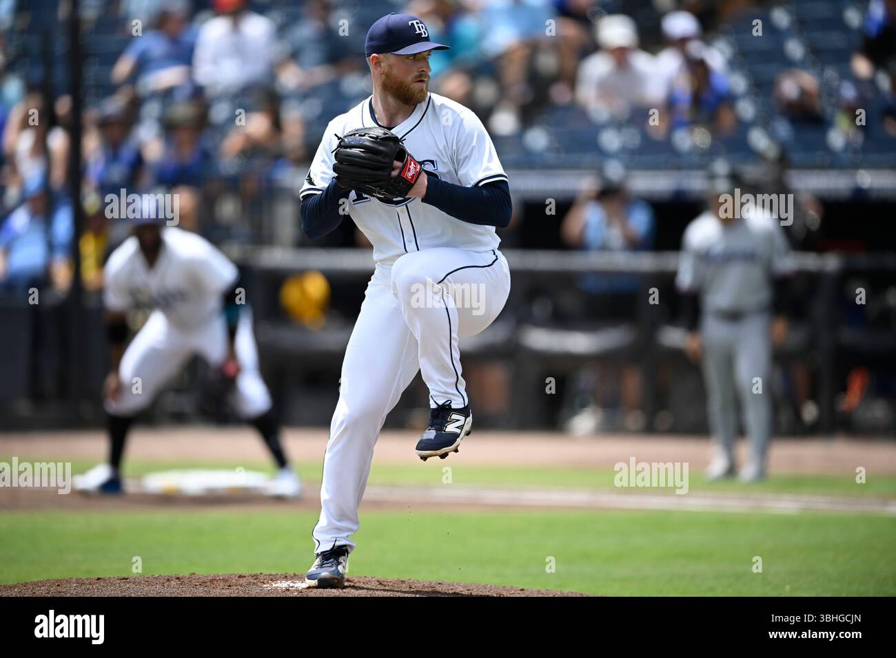 Tampa Bay Rays starting pitcher Drew Rasmussen throws to home plate ...