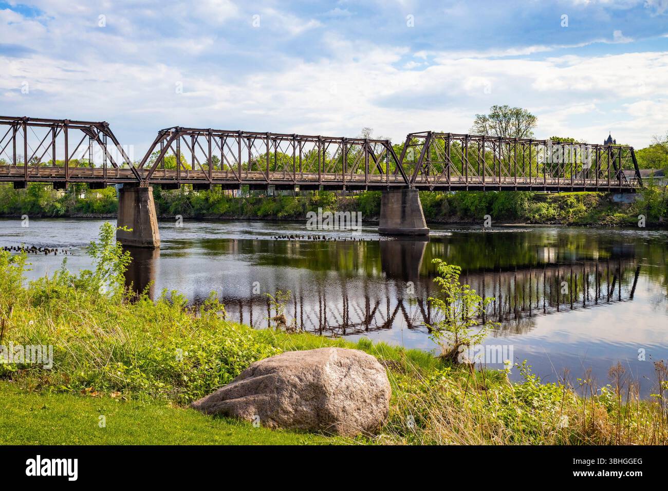 Golden sunset view of the River Lights Bridge at Phoenix Park in Eau ...