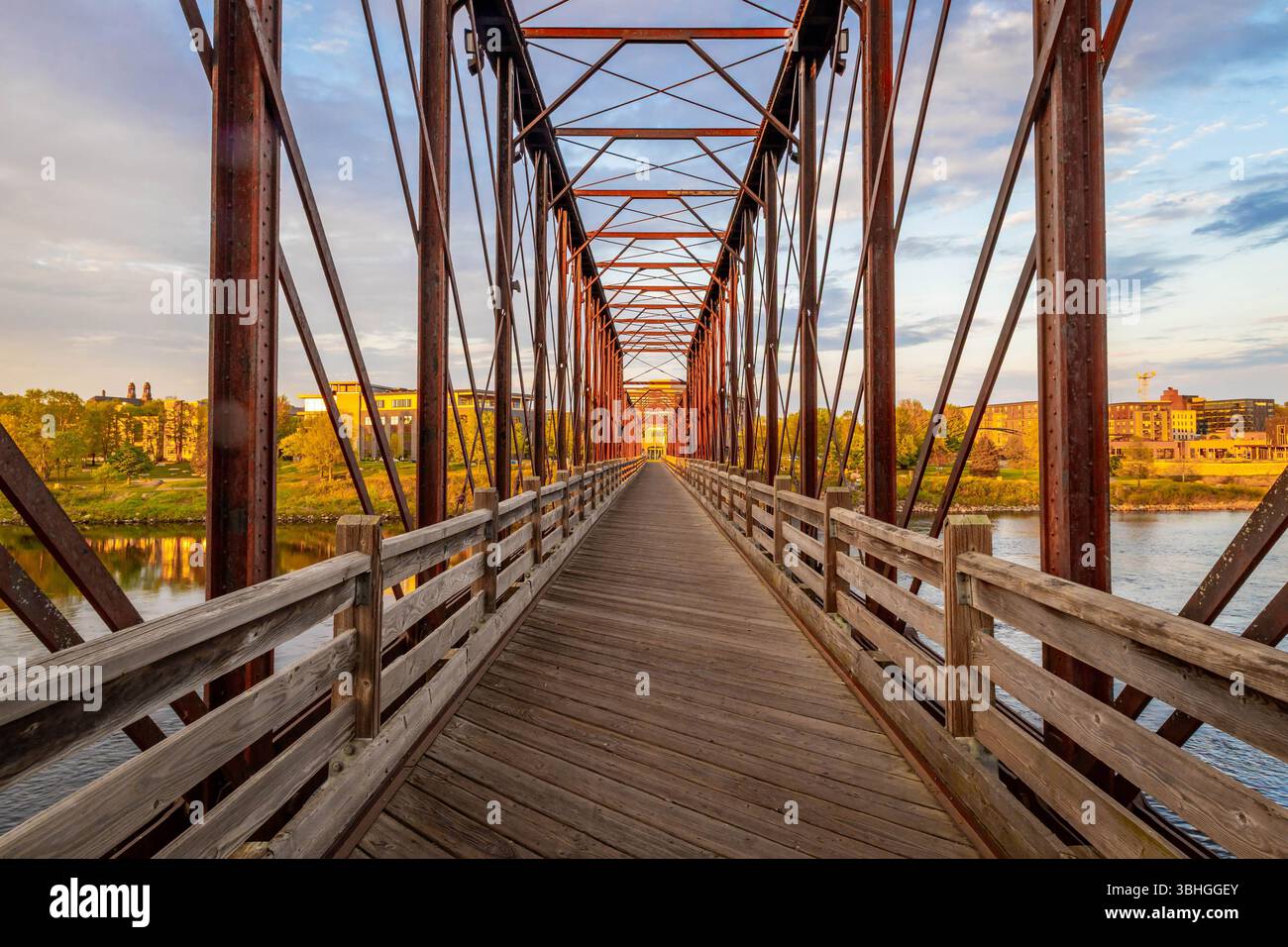 Golden sunset view of the River Lights Bridge at Phoenix Park in Eau ...