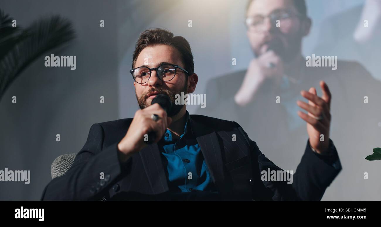 Seminar, serious and man with mic, speech and motivational speaker for ...