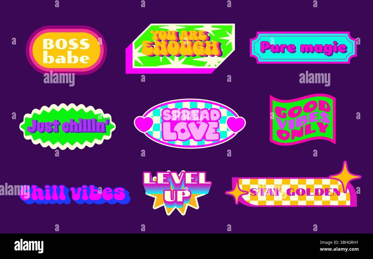 Trendy y2k sticker collection with phrases and retro shape designs ...
