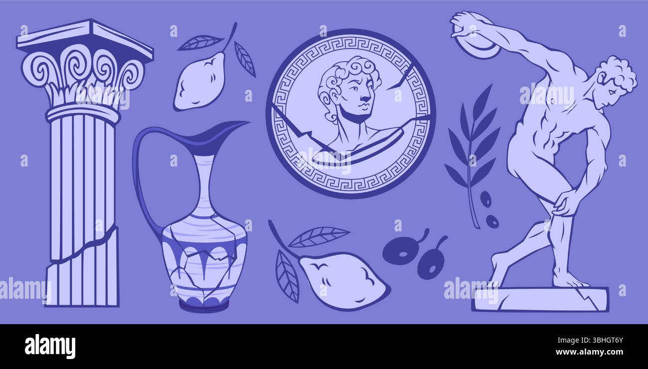Ancient Greek doodle collection with classical column, statue sculpture ...