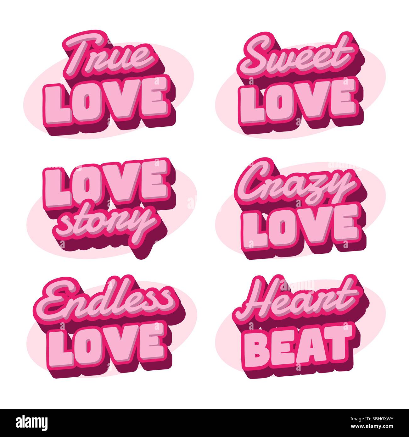 Set of romantic text effects featuring bold 3D lettering and cursive ...
