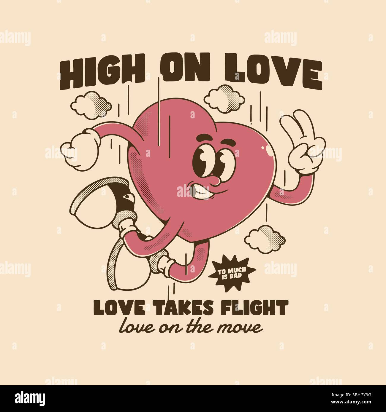 Charming cartoon heart flying in love with peace gesture, retro ...
