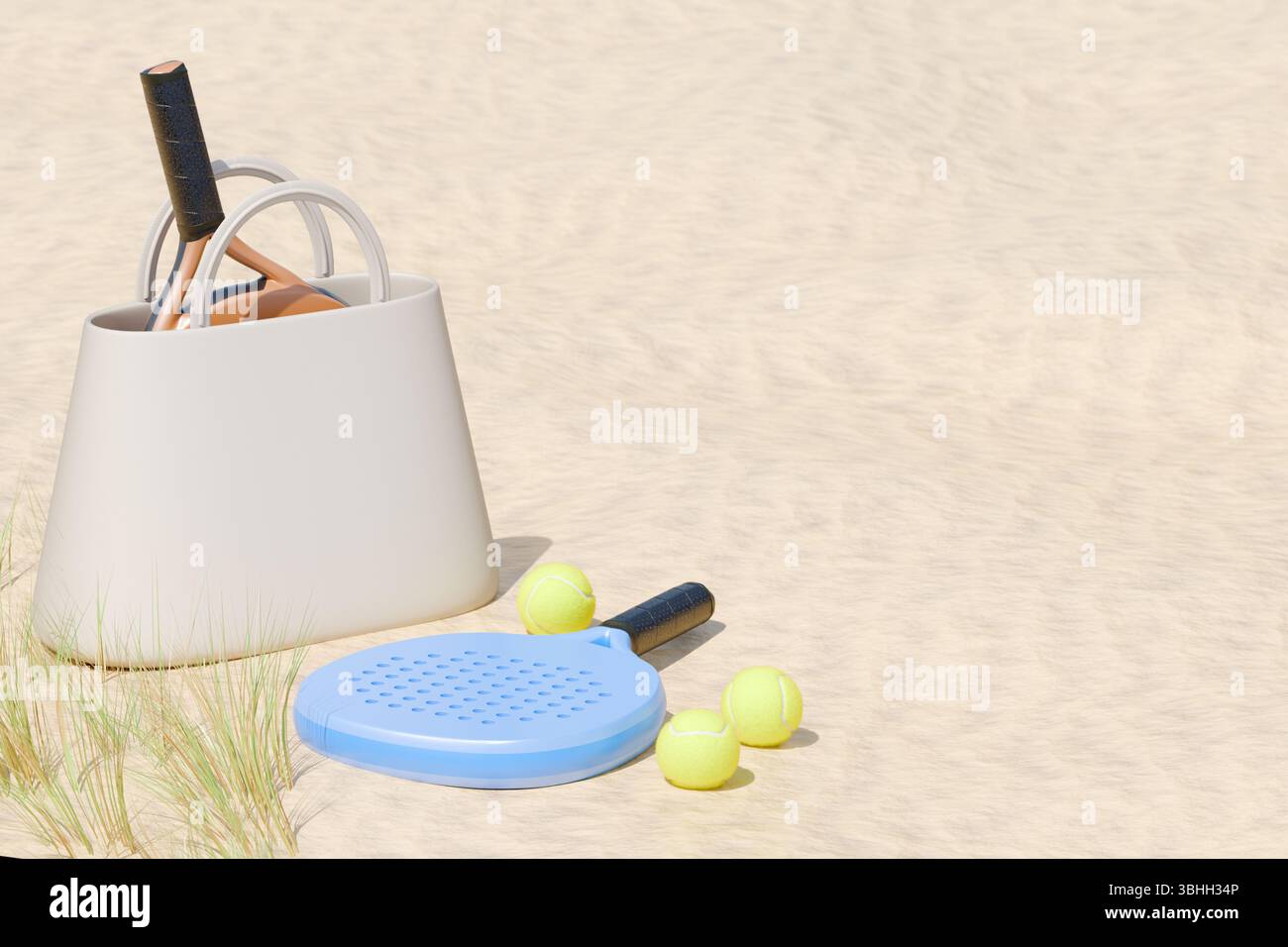 Paddle ball rackets, balls, and a bag placed on sandy beach ready for ...