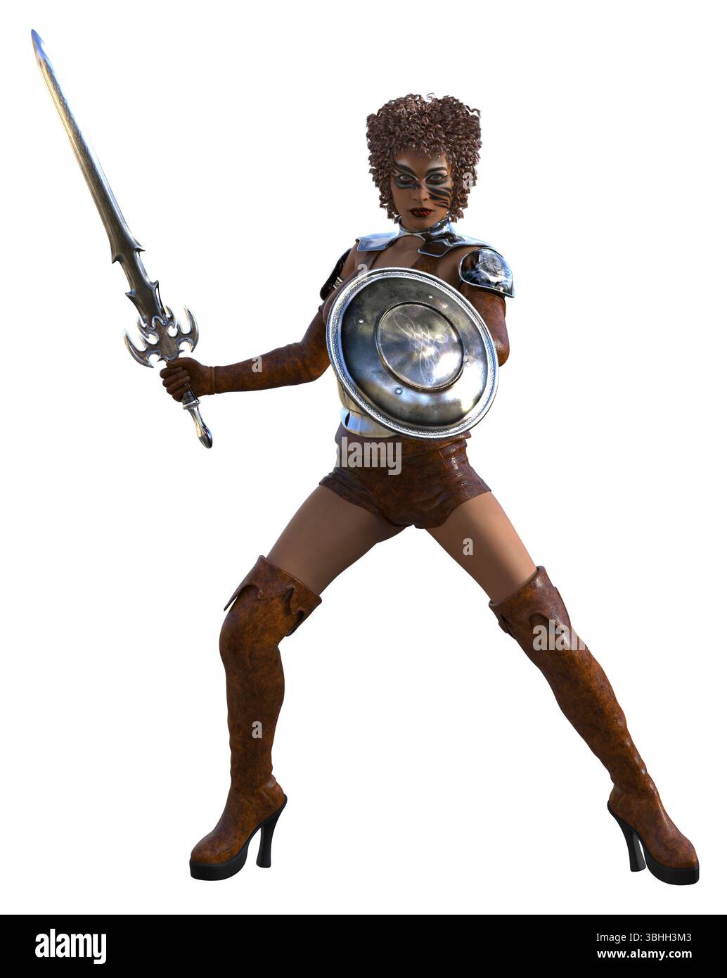 3D render of a powerful curly-haired dark skinned warrior woman in ...