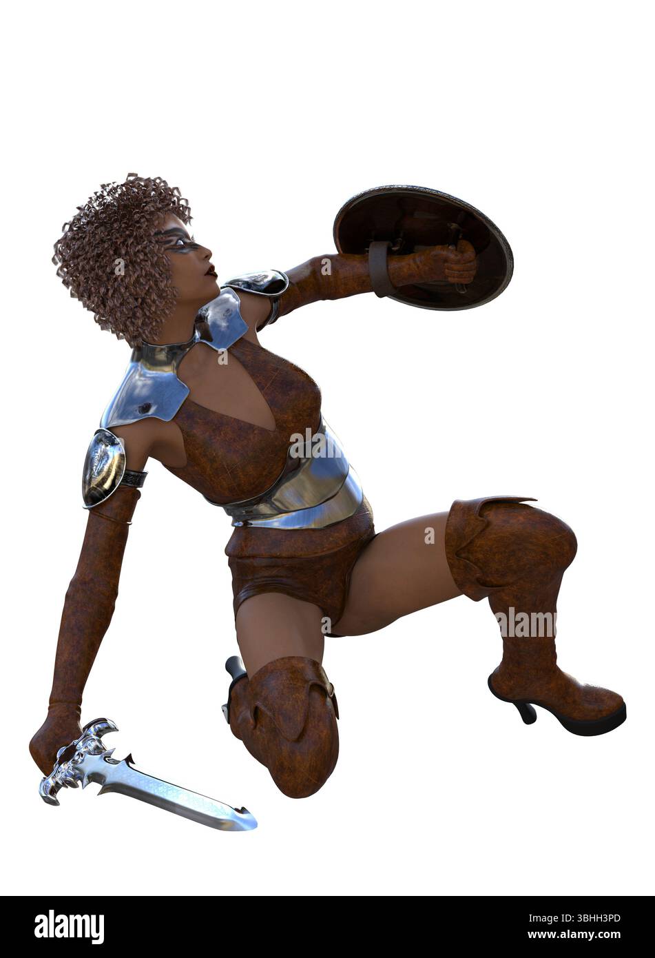 3D render of a powerful curly-haired dark skinned warrior woman in ...