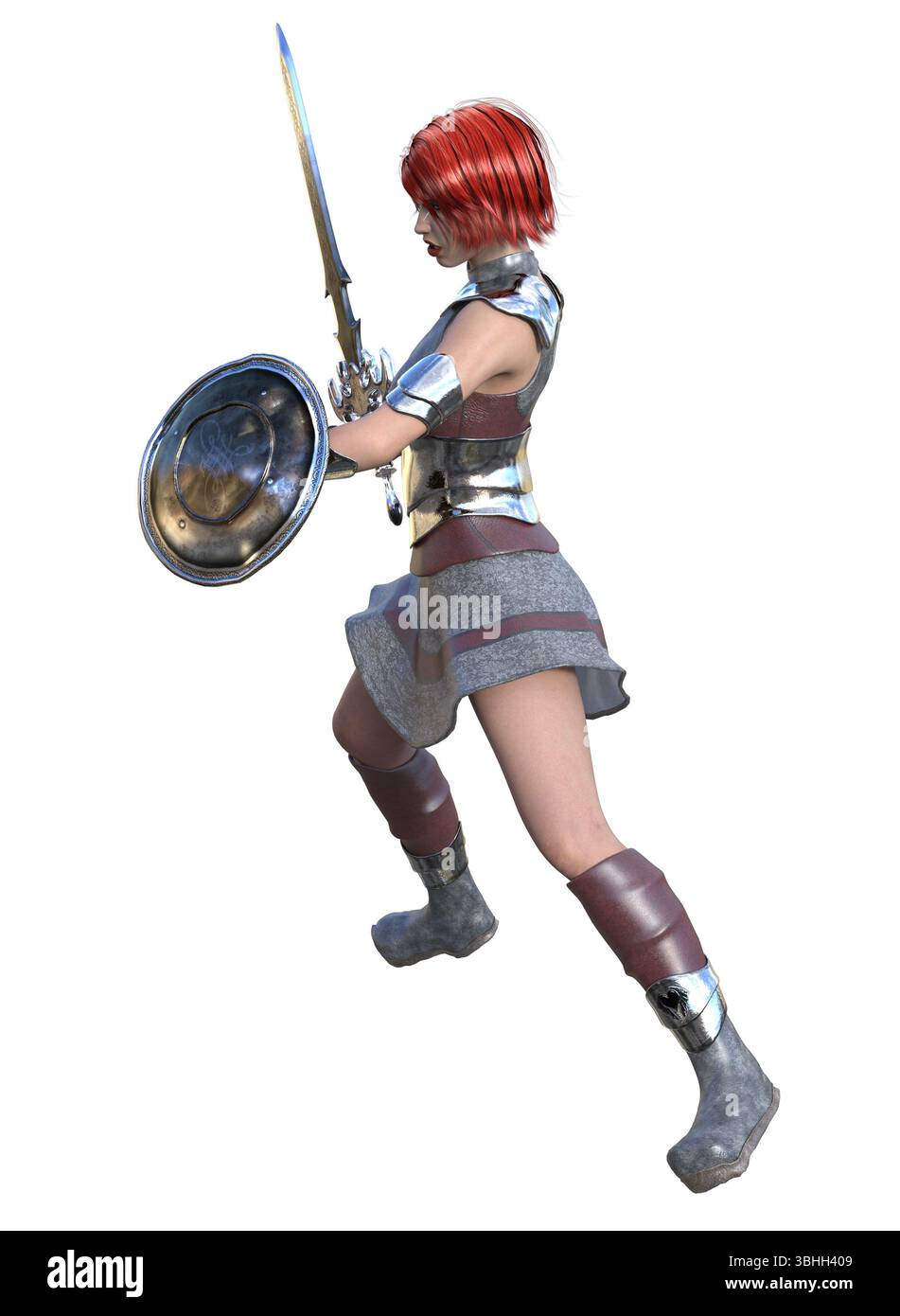 3D illustration of a fierce red-haired female warrior in armor ...
