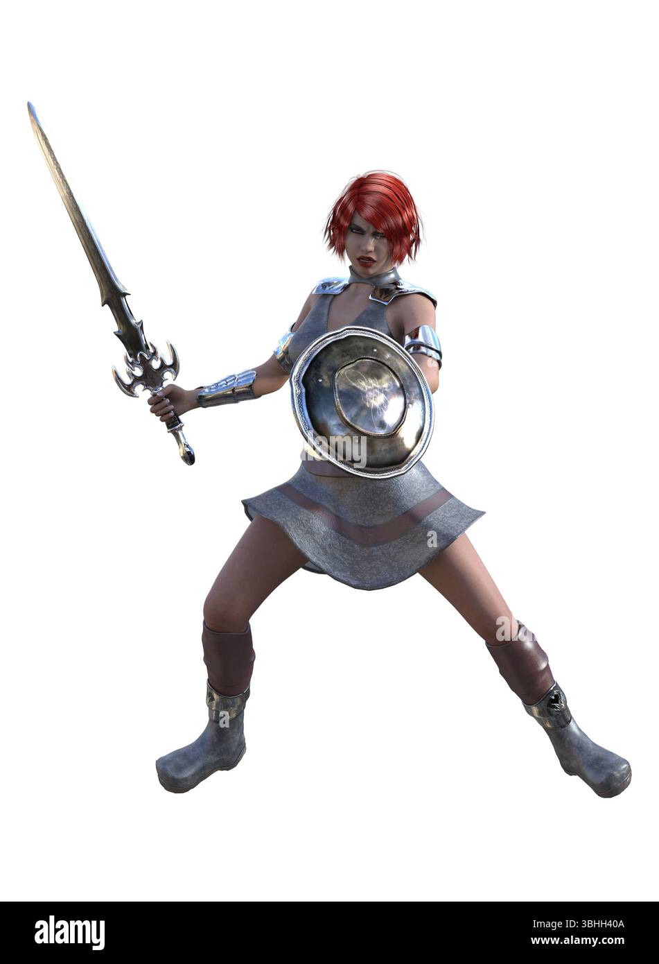 3D illustration of a fierce red-haired female warrior in armor, wielding a sword and shield ...