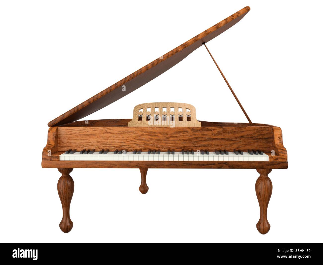 Realistic 3D render of a classic wooden grand piano with an open lid ...