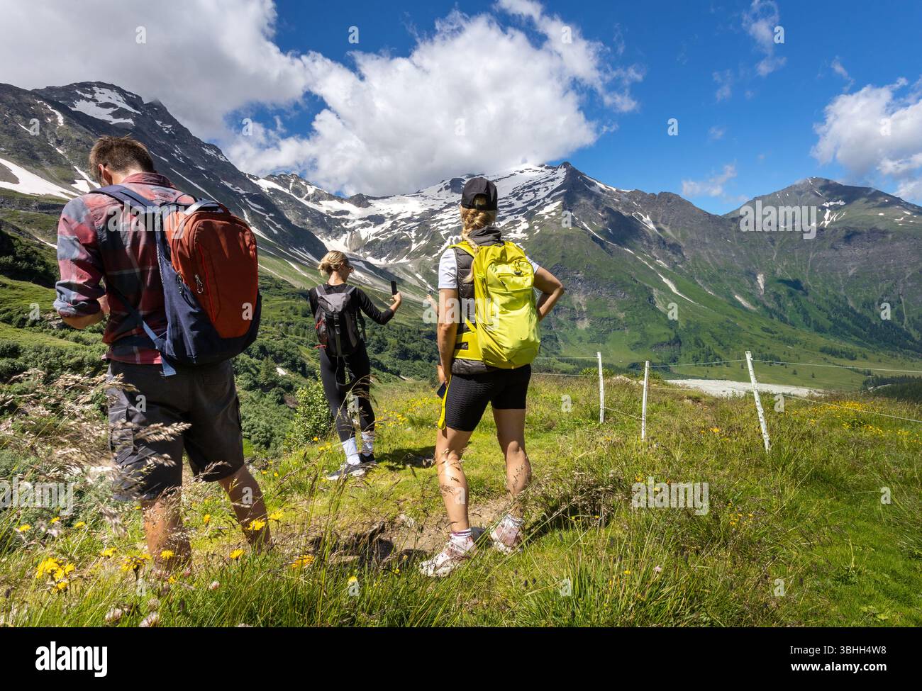 Three hikers enjoy summer trek through lush green hills and majestic ...