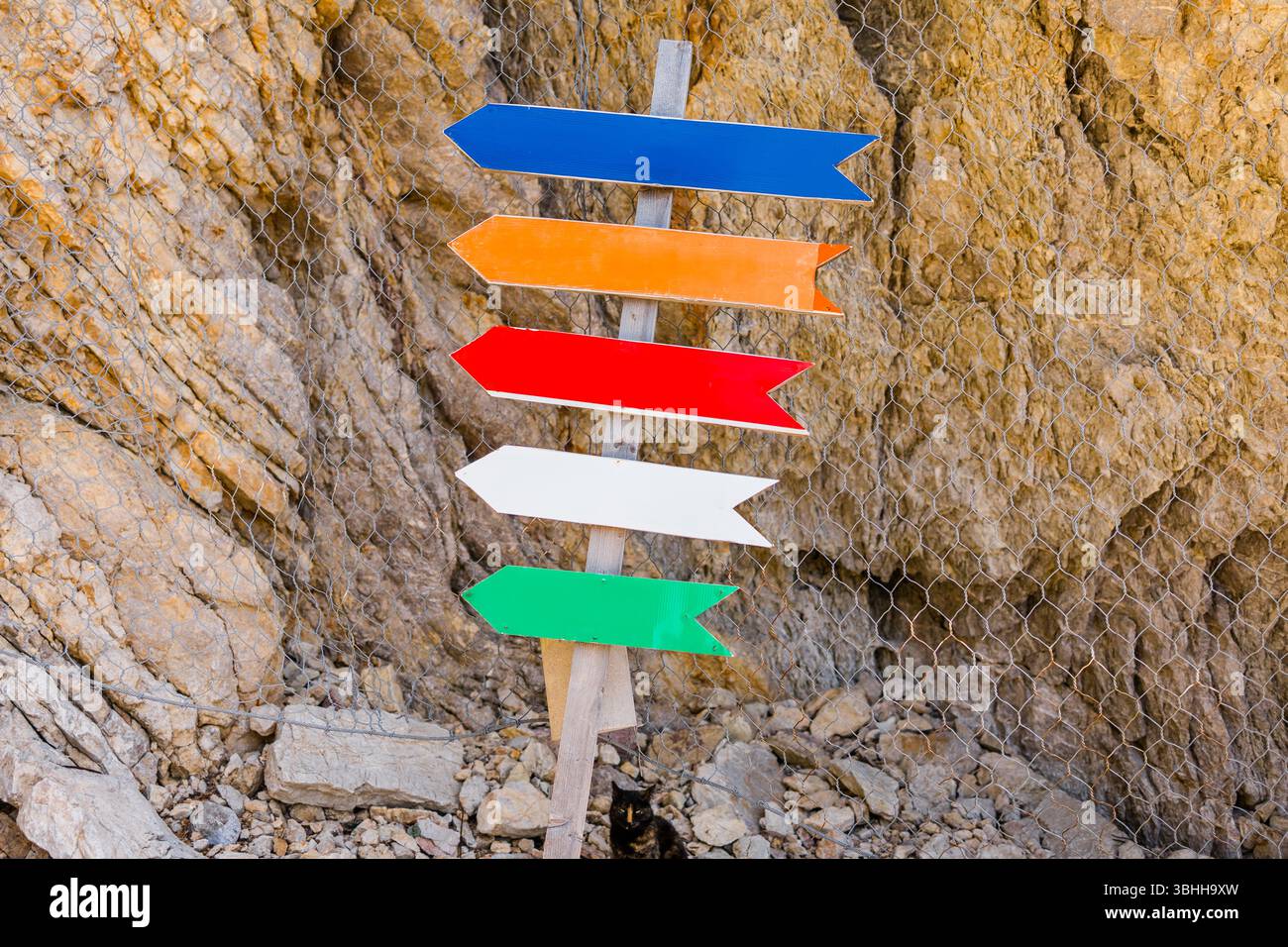 Colorful wooden arrows pointing in different directions on rocky background, copy space ...