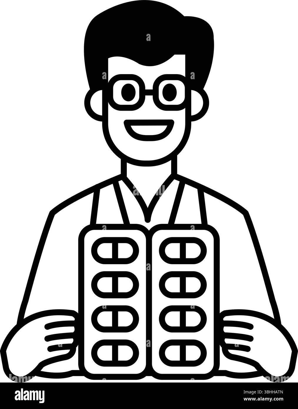 A man in a white lab coat holding a pill bottle. He is smiling and he ...