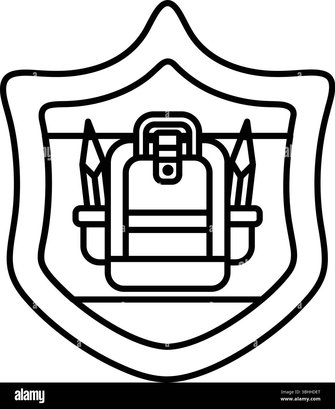 A black and white image of a backpack with a shield on top of it. The ...
