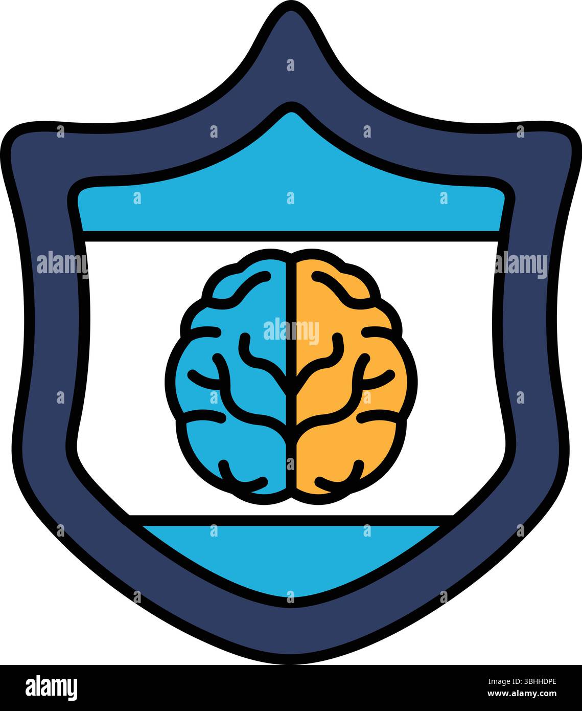 A blue shield with a brain on it. The brain is split into two halves ...