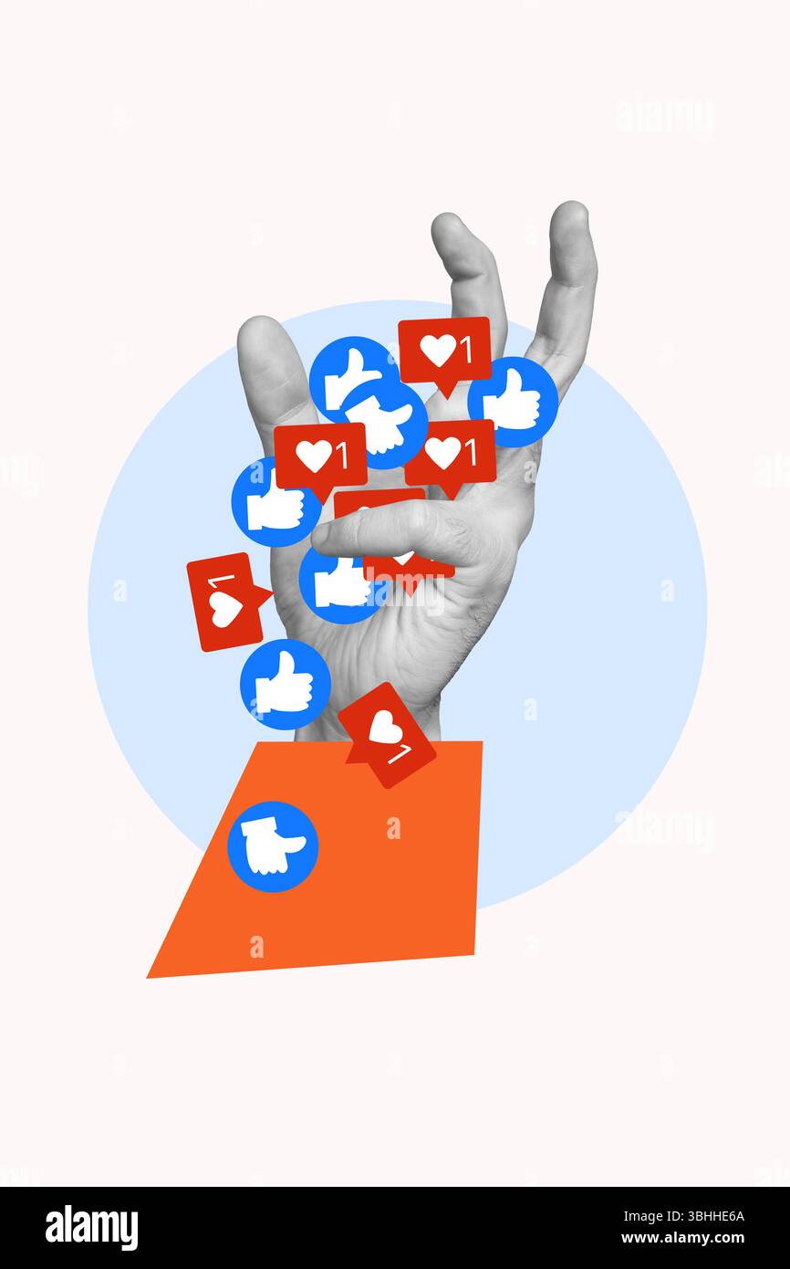 Art image vertical photo collage of human hand hold bunch social media ...
