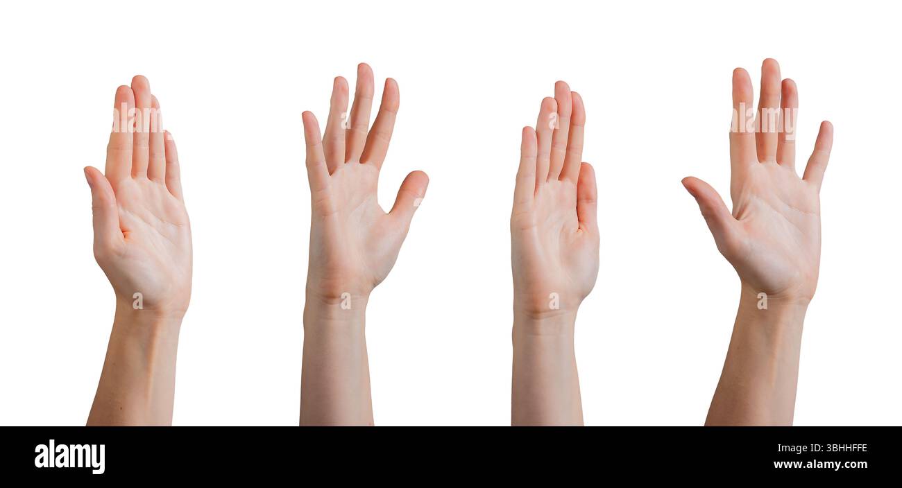 Hand raised in a friendly wave gesture, signaling a greeting. Fingers open, palm facing forward ...