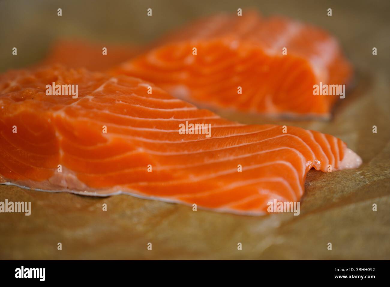 Fresh Raw Salmon Fillets on Parchment Paper Stock Photo - Alamy