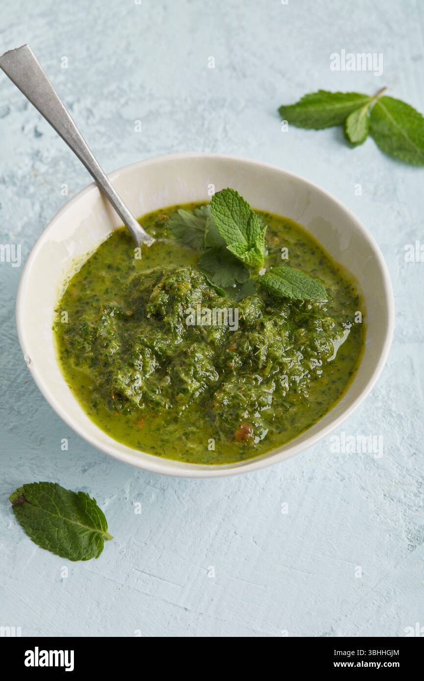 Chutneys and sauces in small bowls – a colorful selection of homemade ...