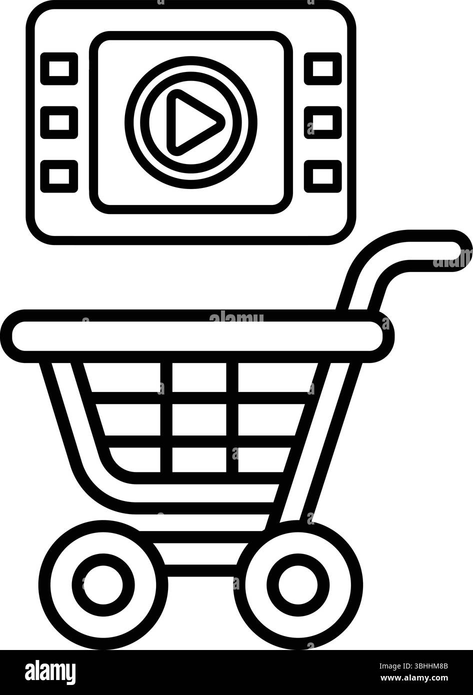 A shopping cart with a video player on top of it. The video player is a ...