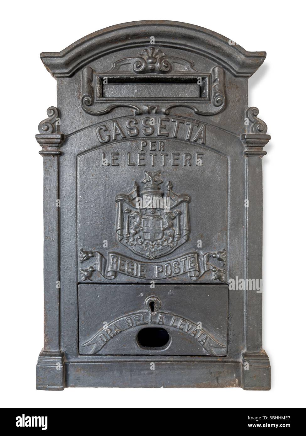 Vintage Italian Regie Poste (Royal Mail) mailbox isolated on white with ...