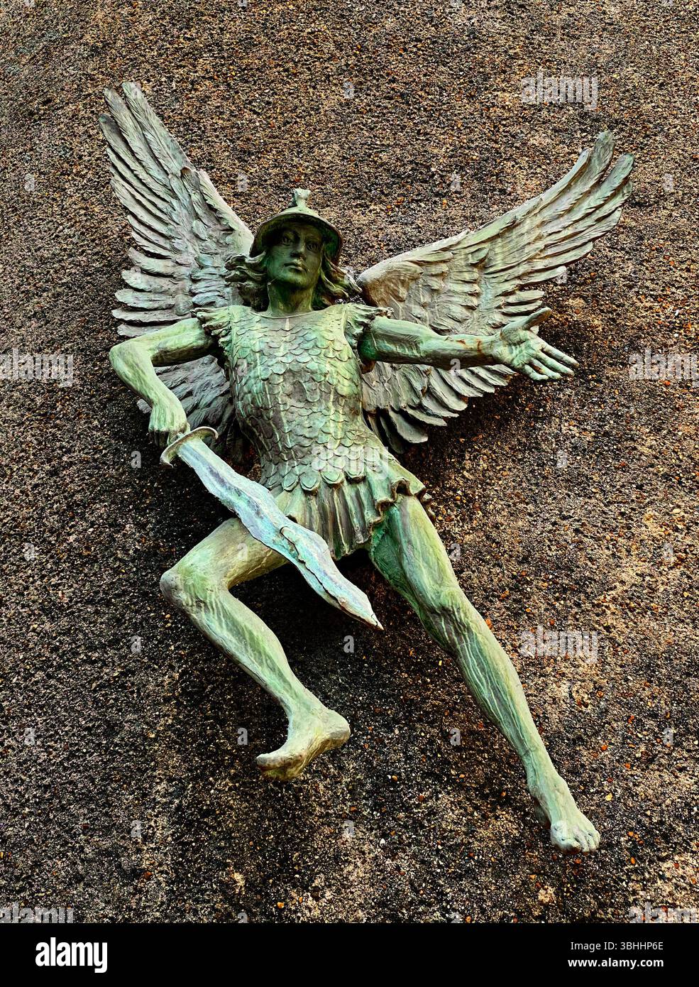 Dramatic sculpture of St Michael on St Michaels Church in Lewes, East ...