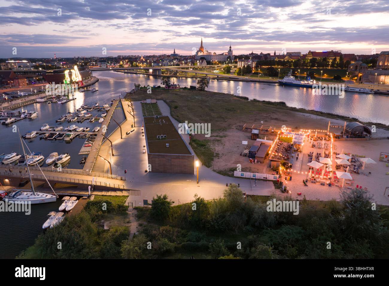 Szczecin Waterfront at Night: Marina and City Lights. Riverfront ...