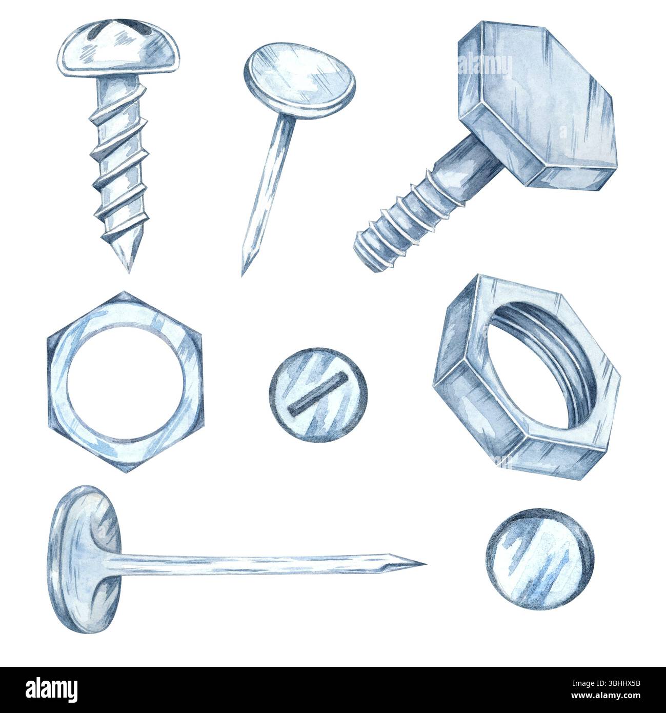 Nails, bolts, screws, washers, and nuts in metallic gray-blue ...