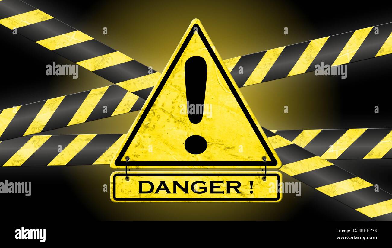 DANGER lettering on warning sign with caution tapes in black yellow ...