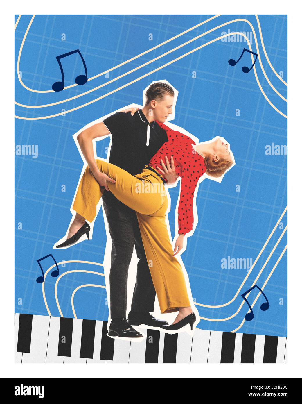 Contemporary art collage. Couple in vintage outfit dancing closely on ...