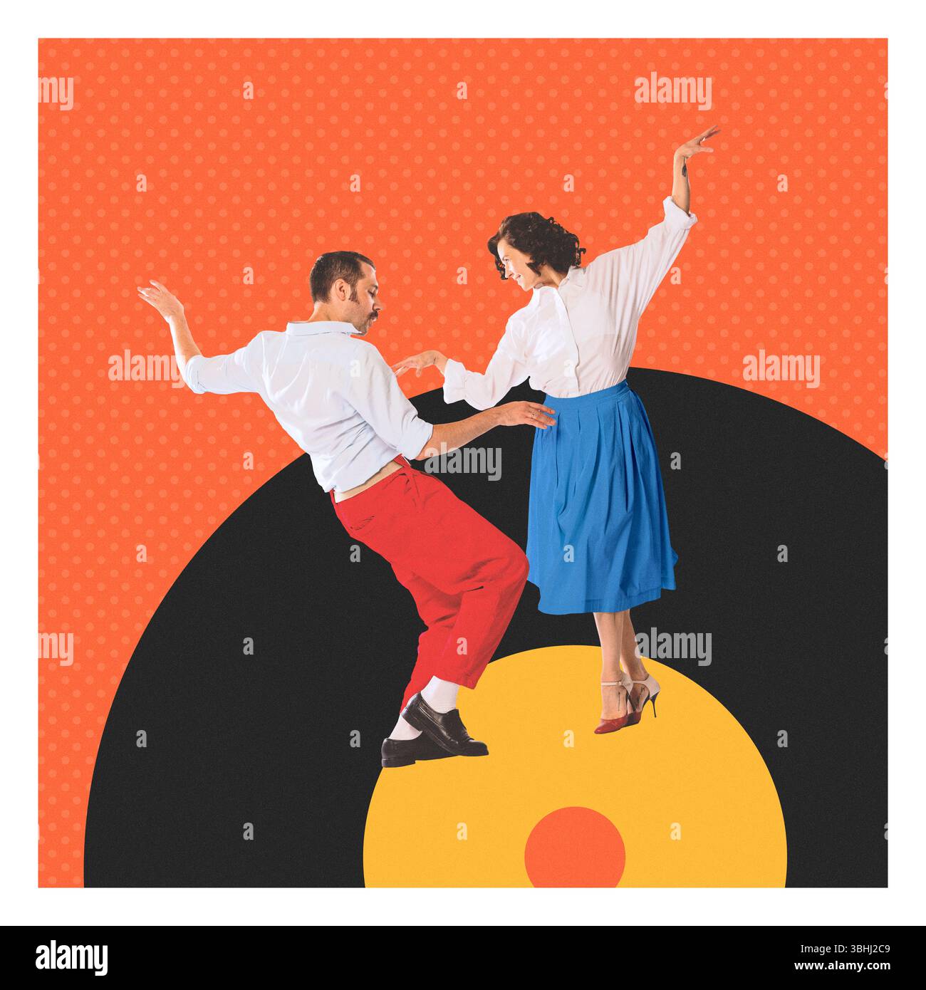 Contemporary art collage. Dancing couple in vintage clothes making ...