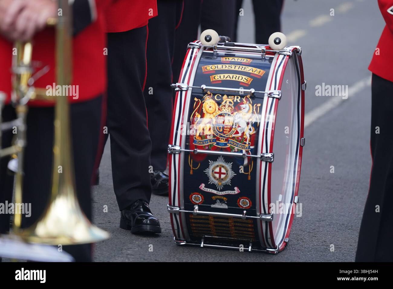 Members of the Coldstream Guards, wearing their full ceremonial dress ...