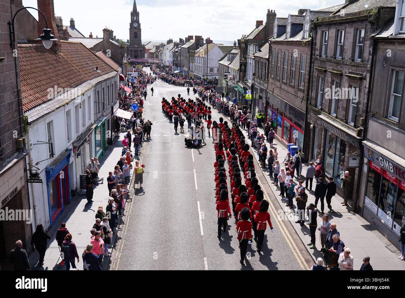 Members of the Coldstream Guards, wearing their full ceremonial dress ...