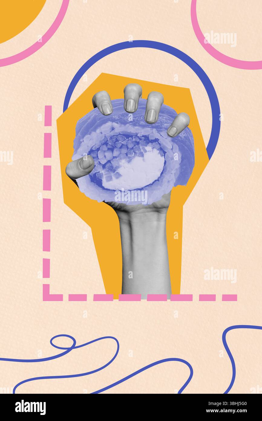 Poster trend sketch template 3D photo collage of hand hold sushi rice ...