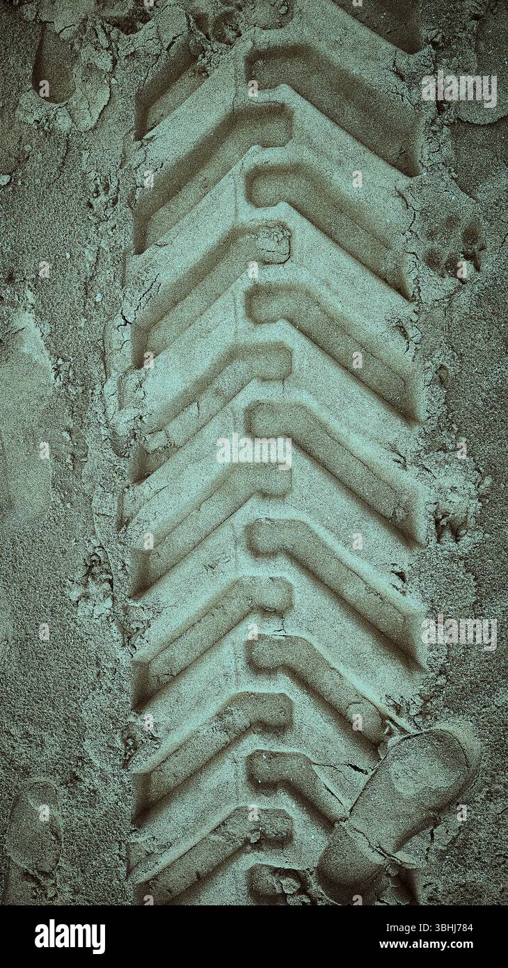 Vehicle track and footprints in the sand on the beach Stock Photo - Alamy