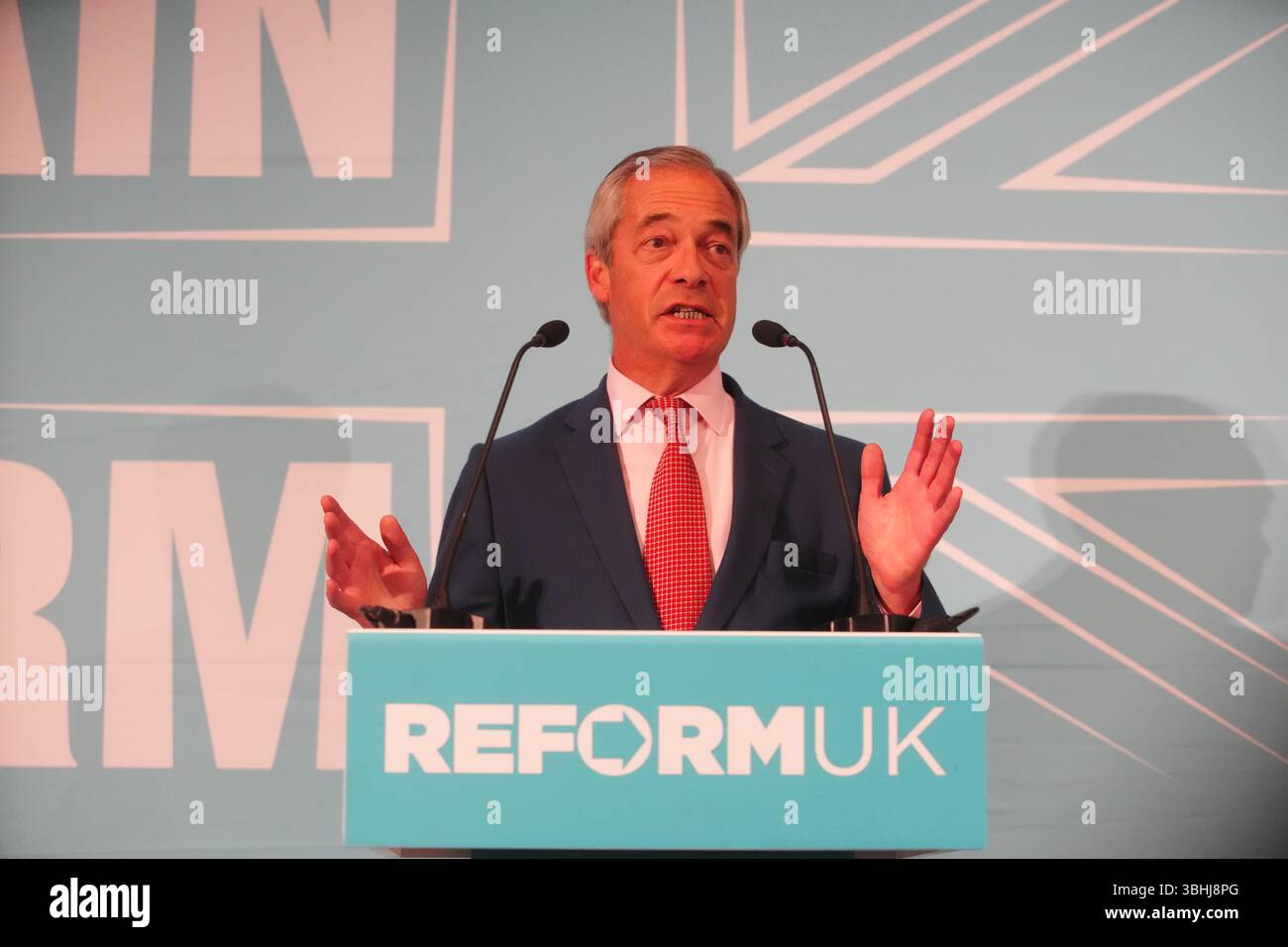 Reform UK leader Nigel Farage speaks during a press conference at ...