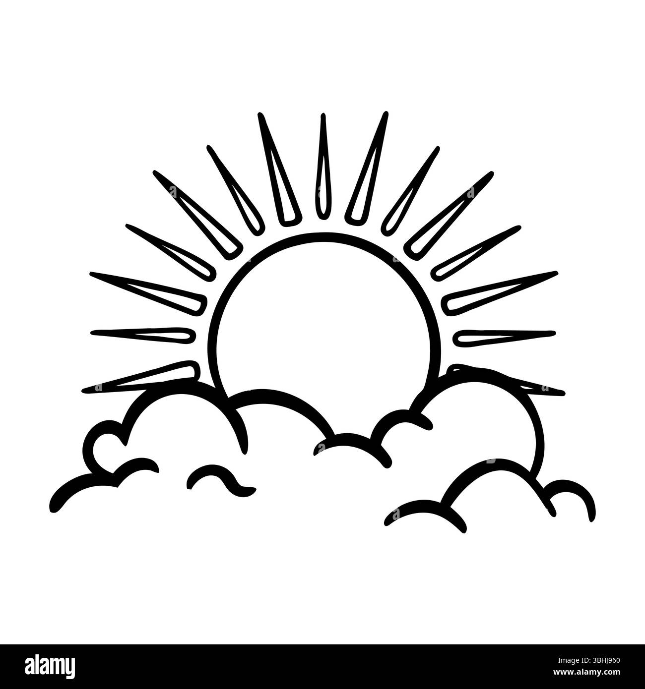 Black sun partially covered by clouds with rays extending outward in a ...