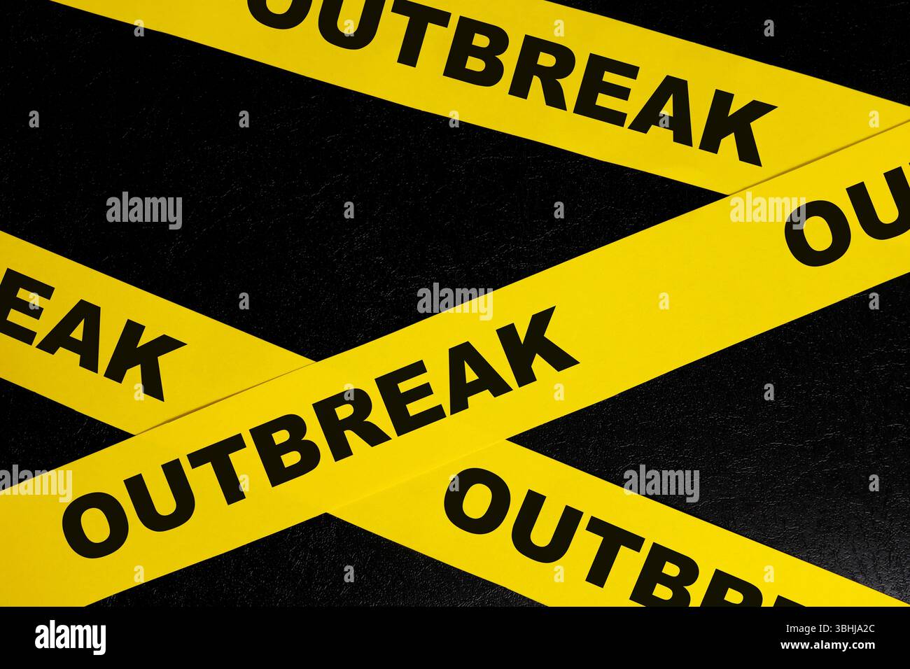 Disease outbreak warning concept. Yellow barricade tape with word in ...